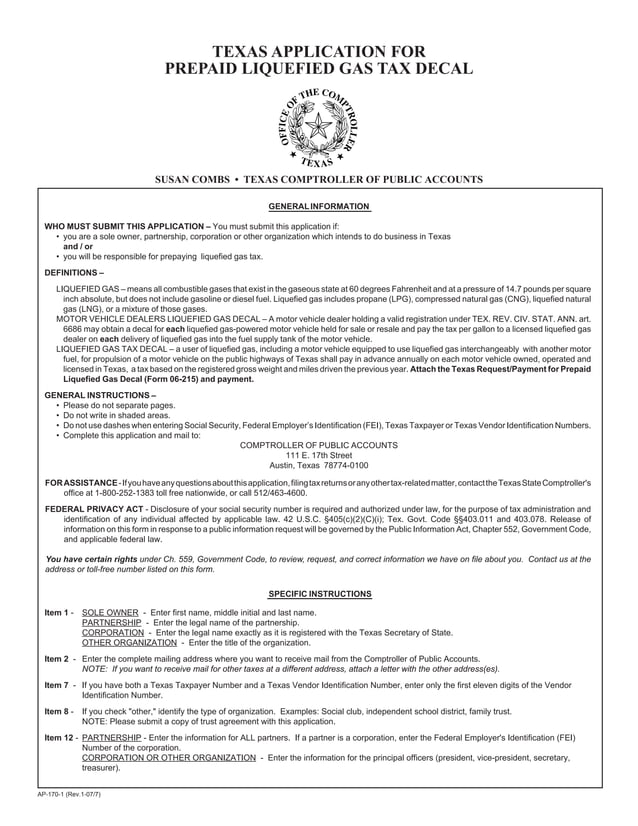 Texas Motor Fuels, Interstate Trucker, and IFTA Forms- AP-170 Texas ...