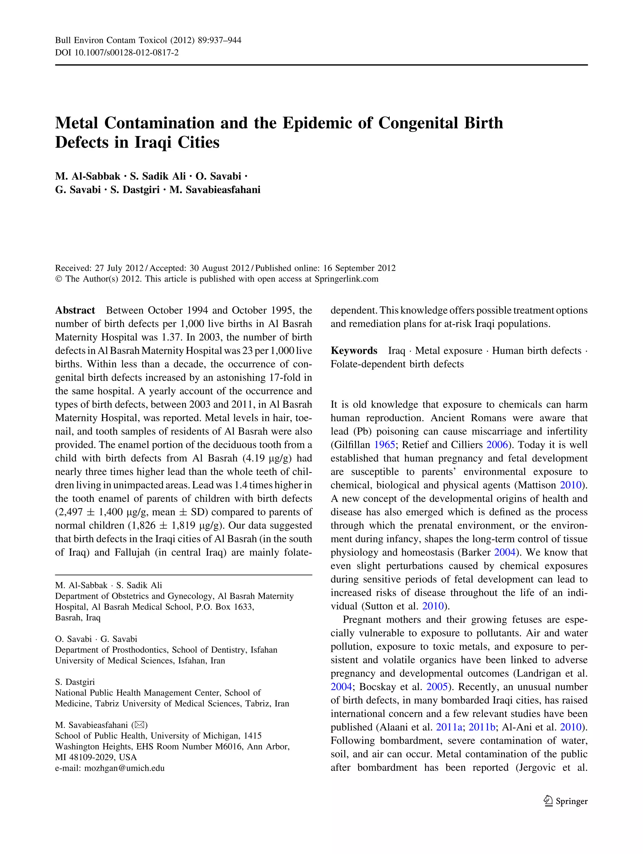 Metal Contamination and the Epidemic of Congenital Birth Defects in ...