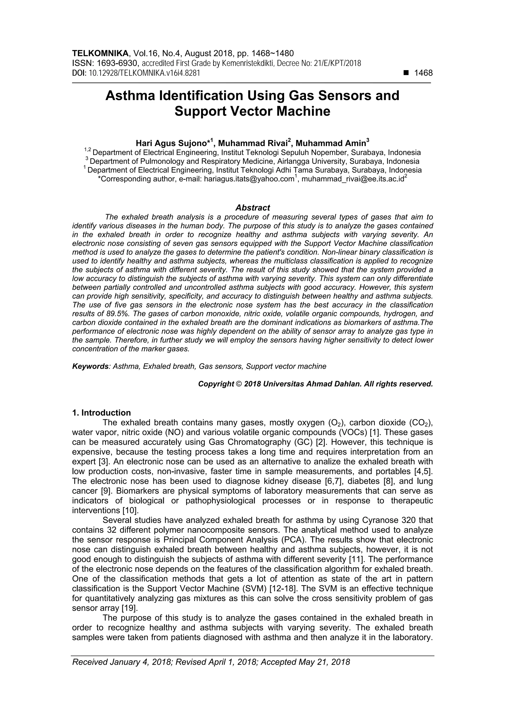 Asthma Identification Using Gas Sensors and Support Vector Machine | PDF