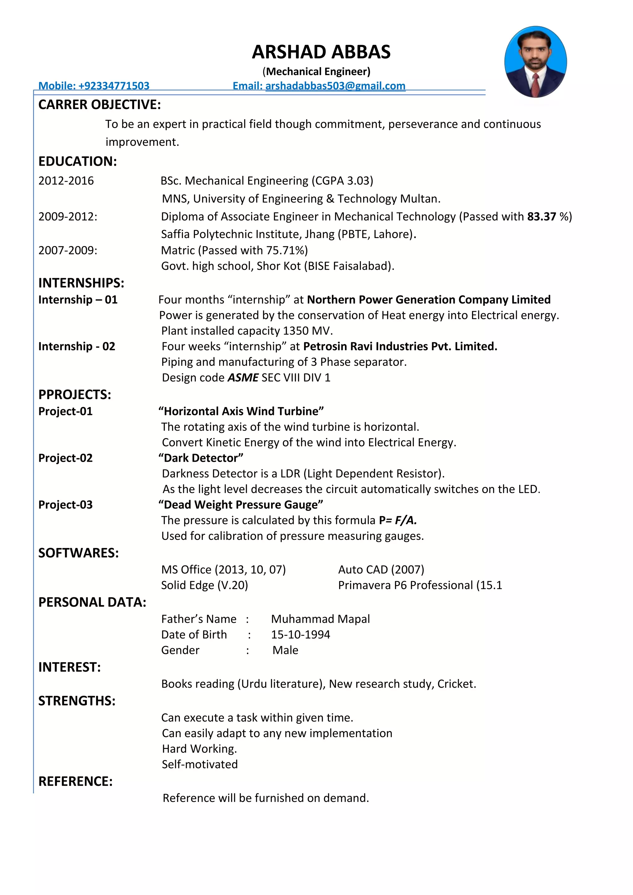CV ARSHAD ABBAS MECHANICAL ENGINEER . | PDF