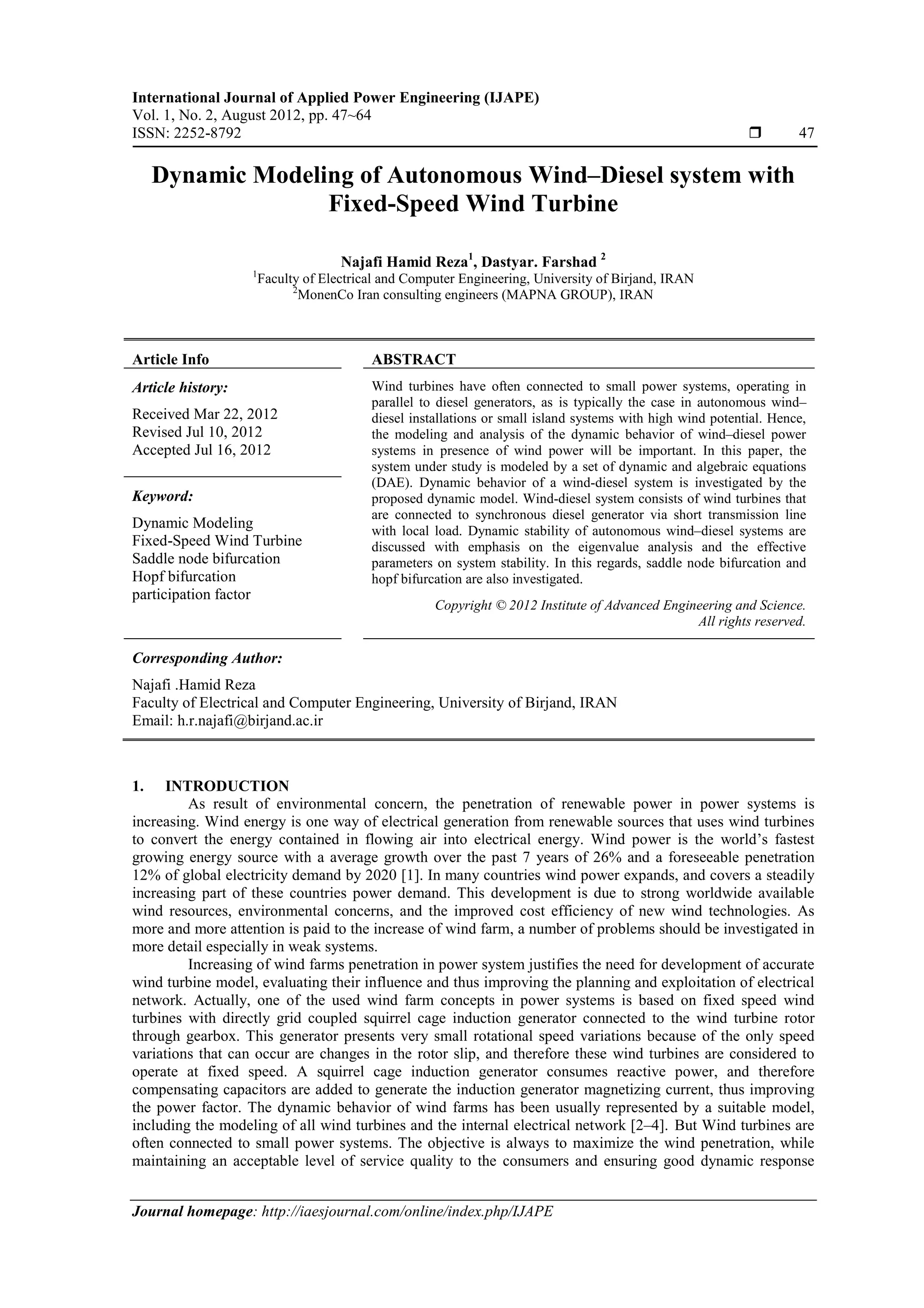 Dynamic Modeling Of Autonomous Wind Diesel System With Fixed Speed Wind