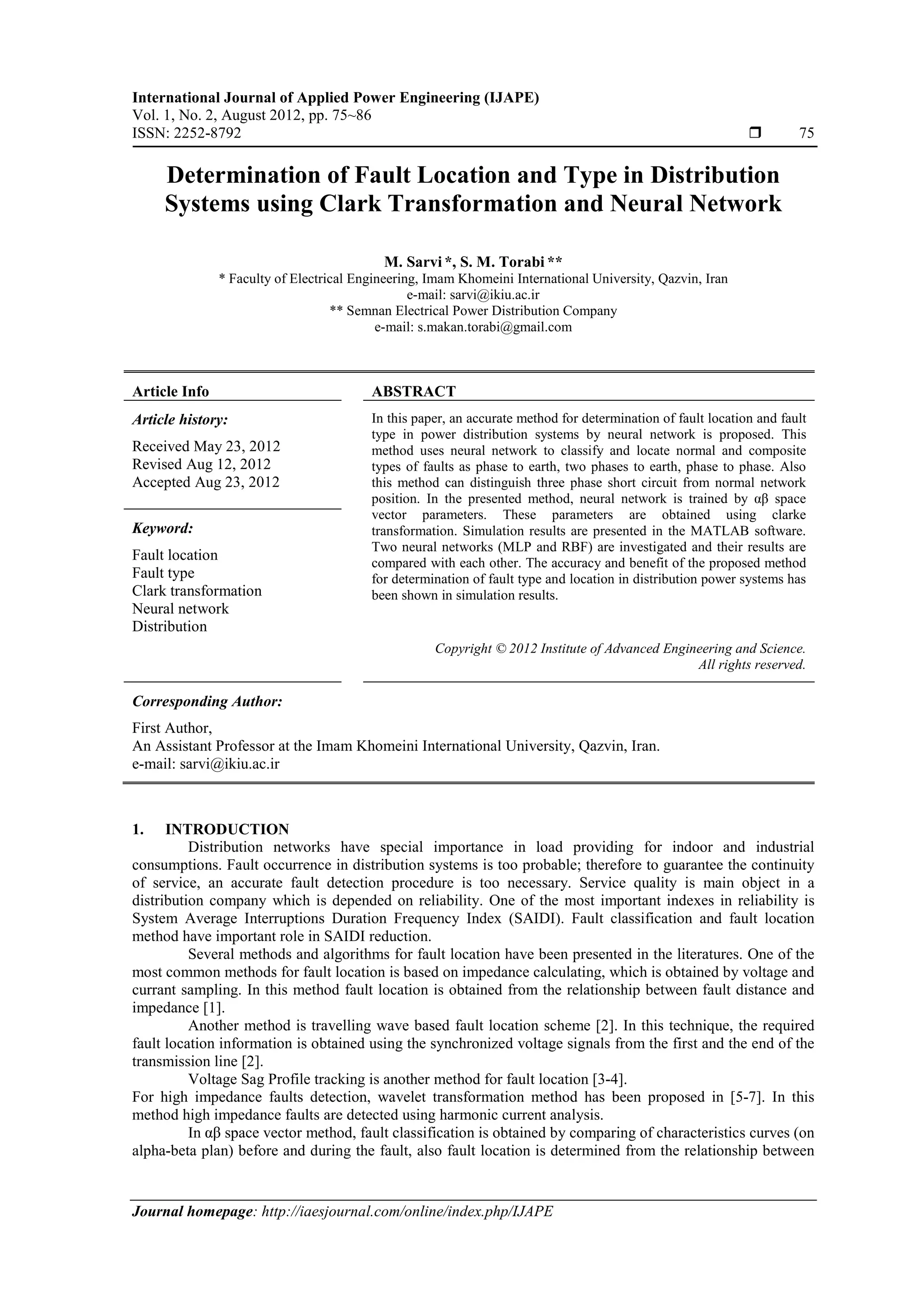 Determination Of Fault Location And Type In Distribution Systems Using Clark Transformation And