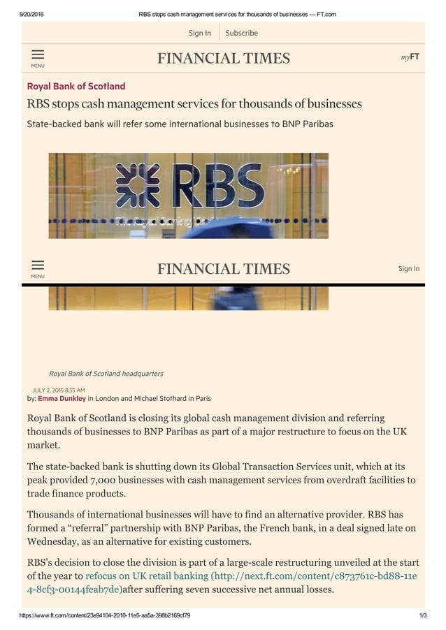 RBS stops cash management - FT | PDF
