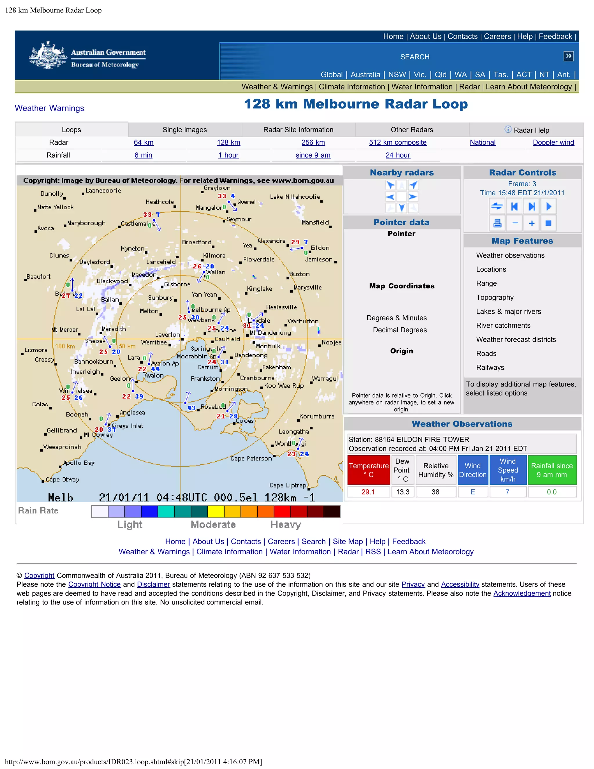 128 km melbourne radar loop 15.48, 21.1.11