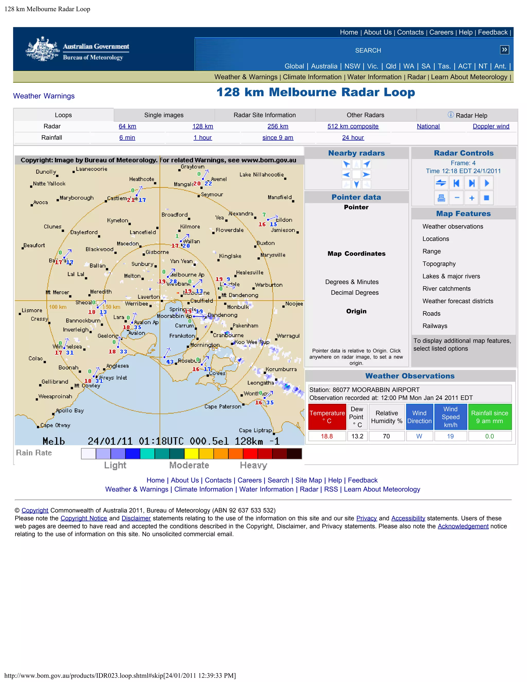128 km melbourne radar loop showing radar lines has rain band. 24.1 ...