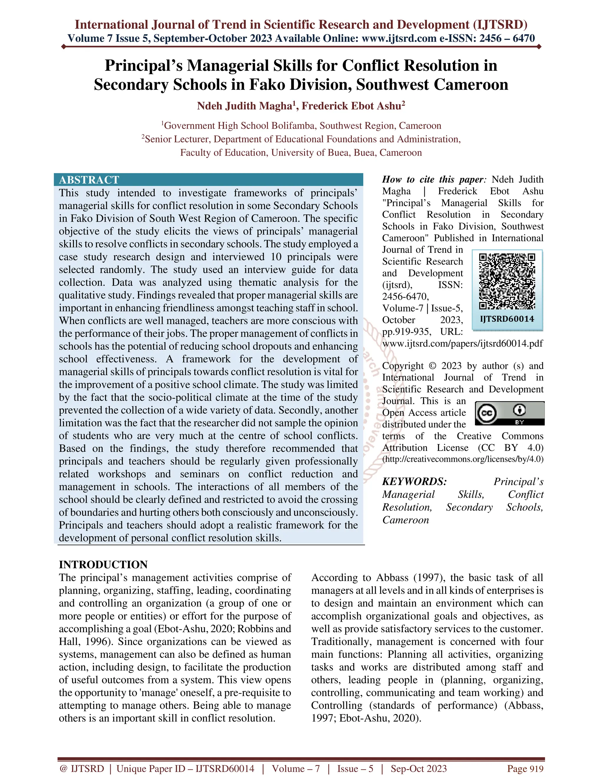Principal’s Managerial Skills for Conflict Resolution in Secondary Schools in Fako Division ...