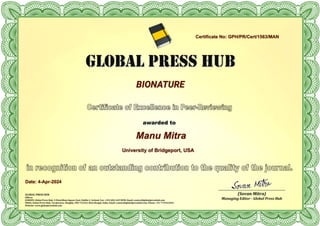 129. Reviewer Certificate in BioNature [2024] | PDF