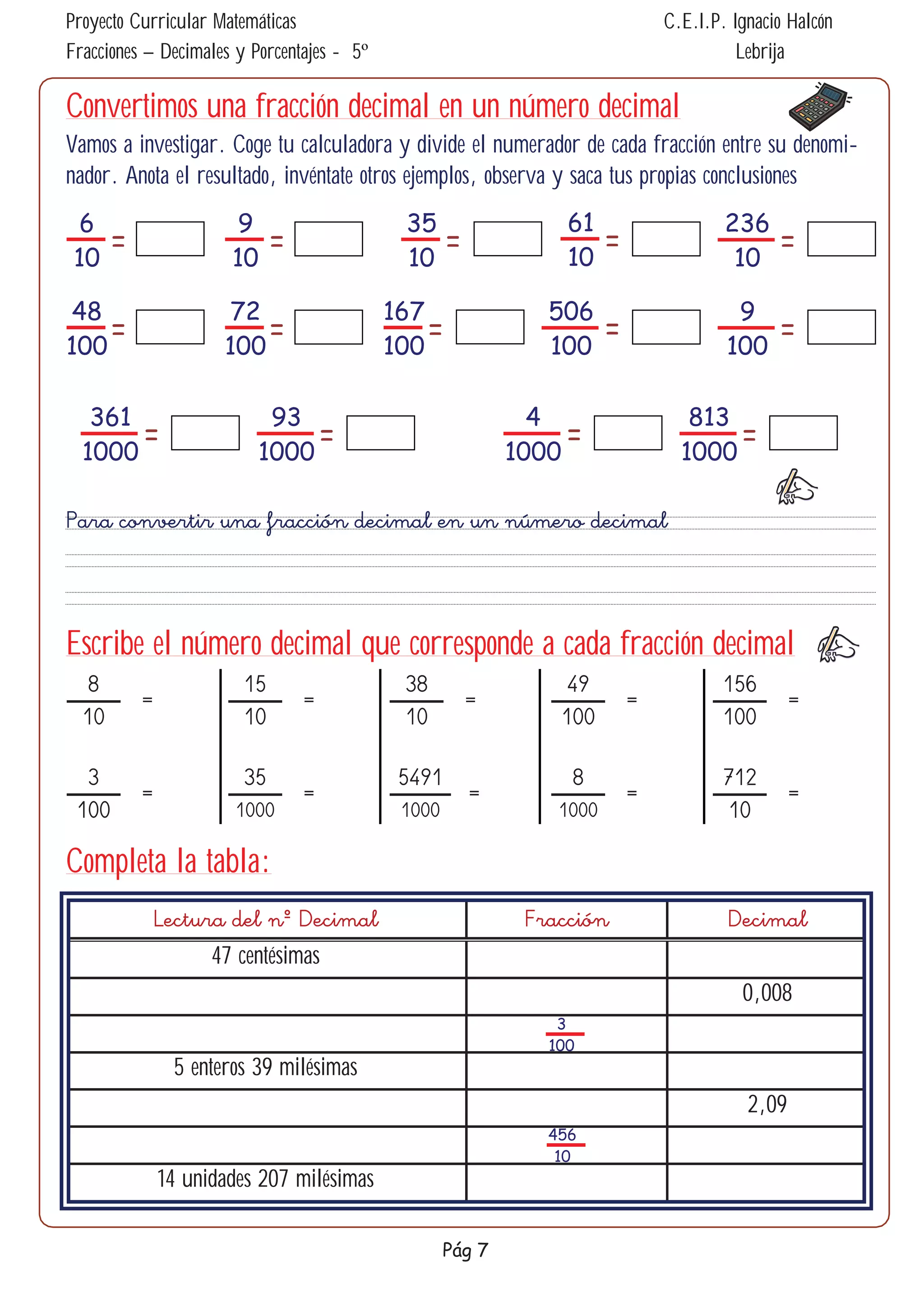 Tabla De Conversión De Fracciones Decimales Y Porcentajes