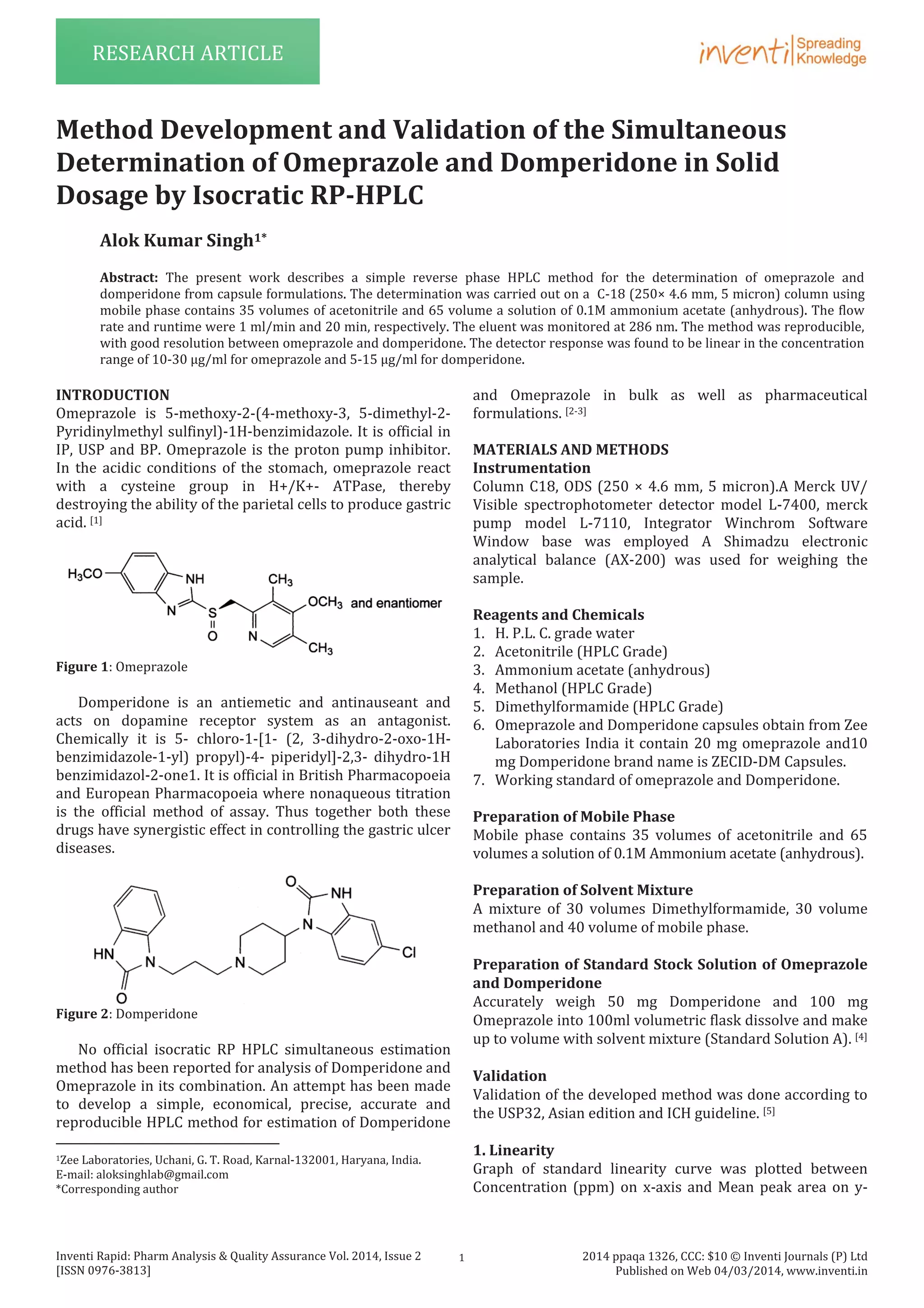 Method Development and Validation of the Simultaneous Determination of Omeprazole and ...