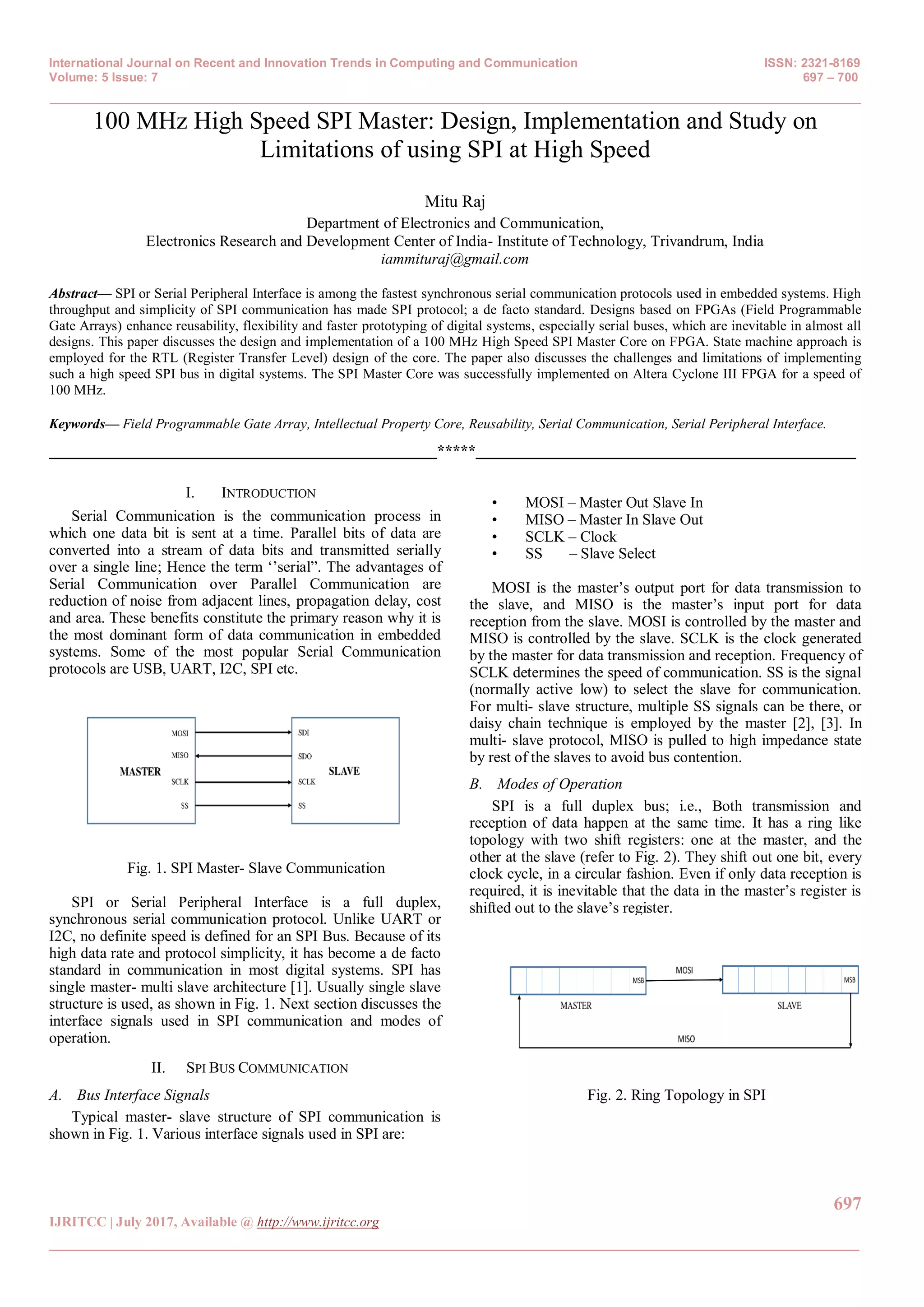 100 MHz High Speed SPI Master: Design, Implementation and Study on ...