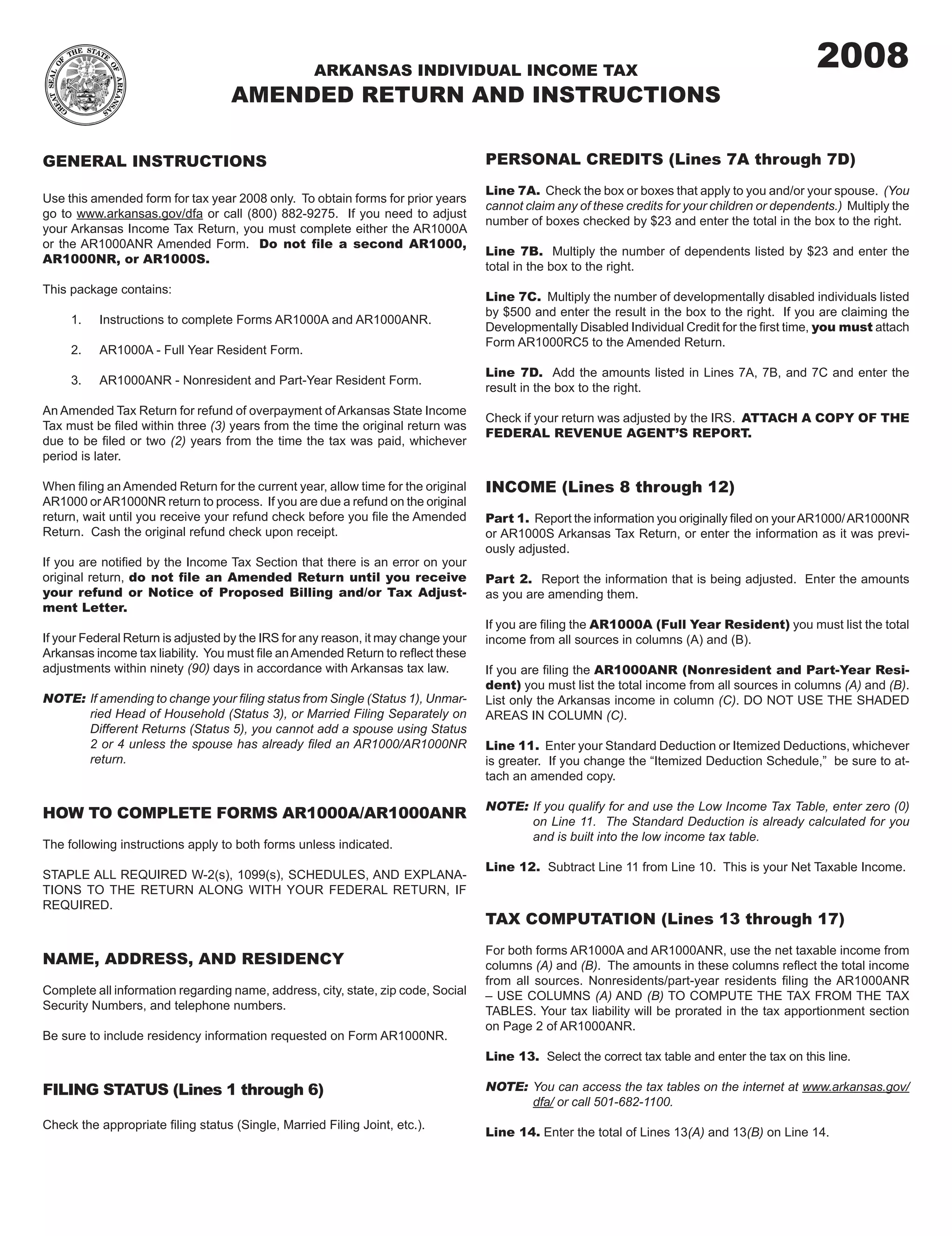 Instructions for AR1000A and AR1000ANR Amended Income Tax Return | PDF