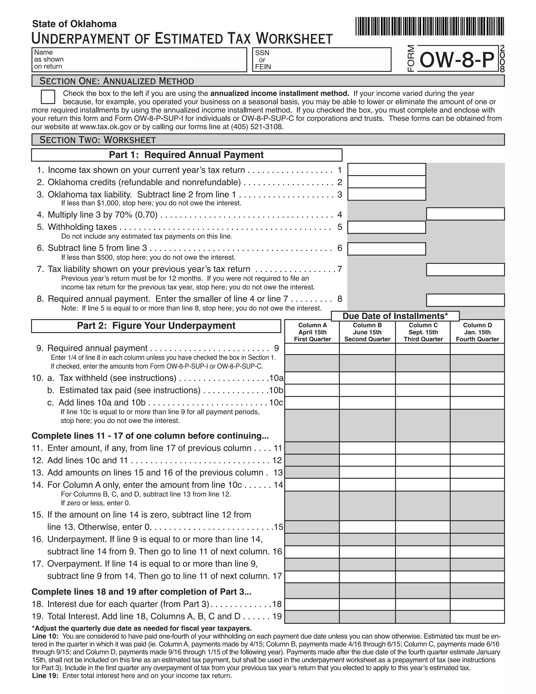 Worksheet for Underpayment of Estimated Tax | PDF
