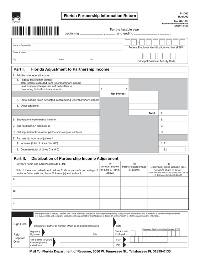 Florida Partnership Information Return with Instructions R.01/09 | PDF