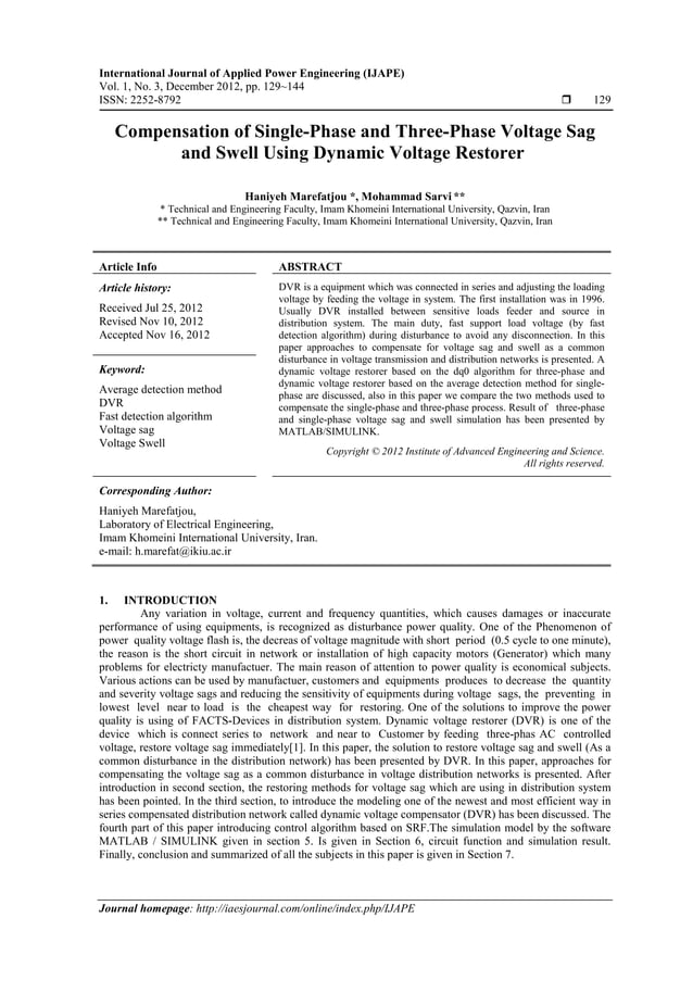 Compensation Of Single Phase And Three Phase Voltage Sag And Swell
