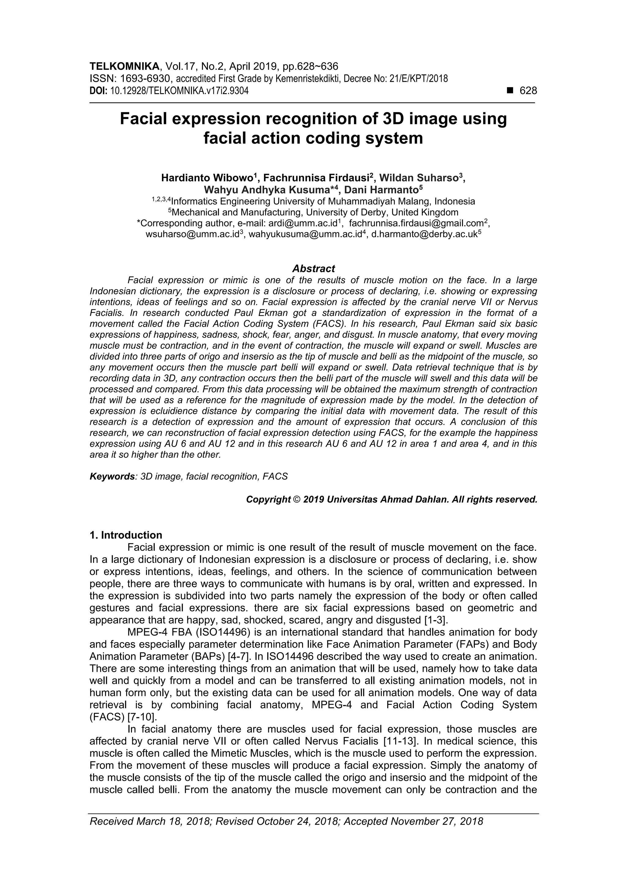 Facial expression recognition of 3D image using facial action coding system | PDF