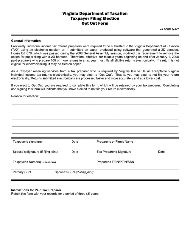 Taxpayer Opt Out Form VA-8454T | PDF