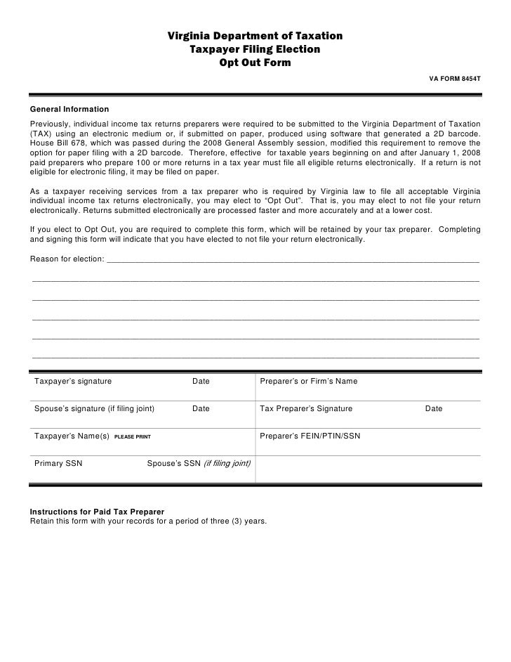 Taxpayer Opt Out Form VA-8454T
