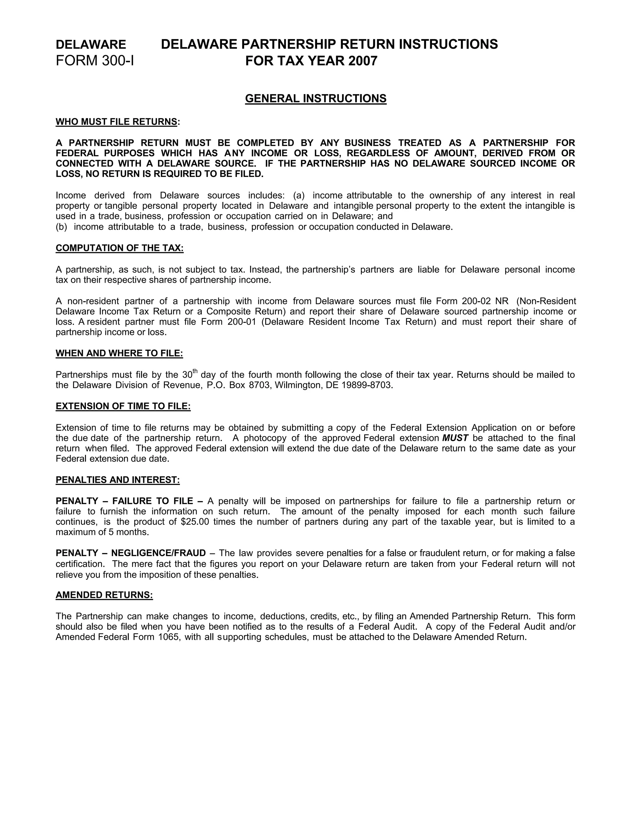Form 300i Delaware Partnership Instructions | PDF