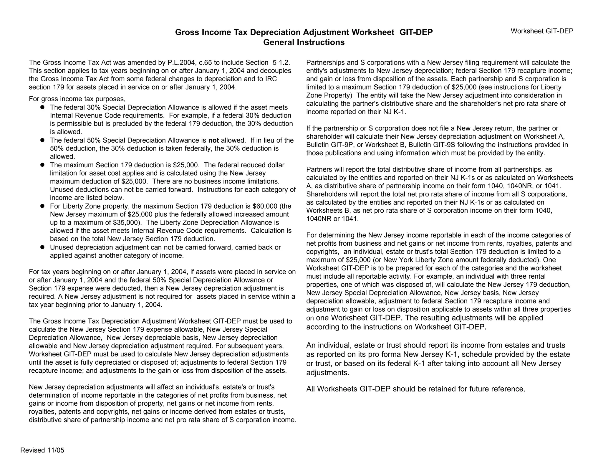 Gross Income Tax Depreciation Adjustment Worksheet (Updated: 11/29/05 ...