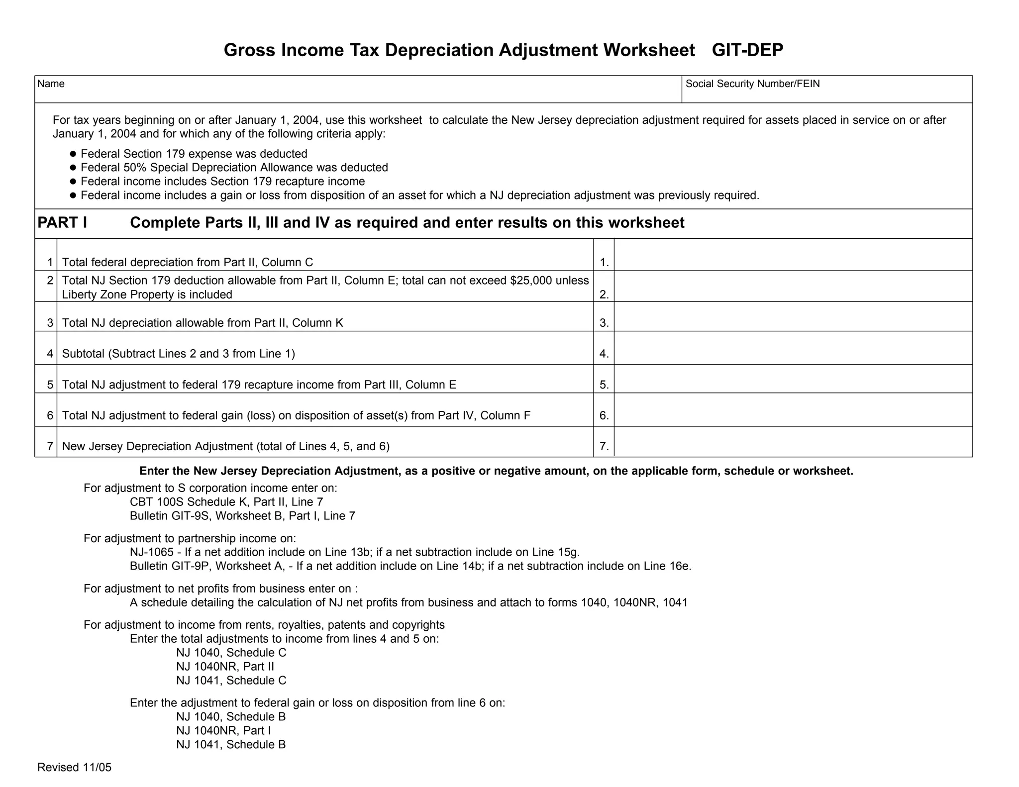 Gross Income Tax Depreciation Adjustment Worksheet (Updated: 11/29/05 ...