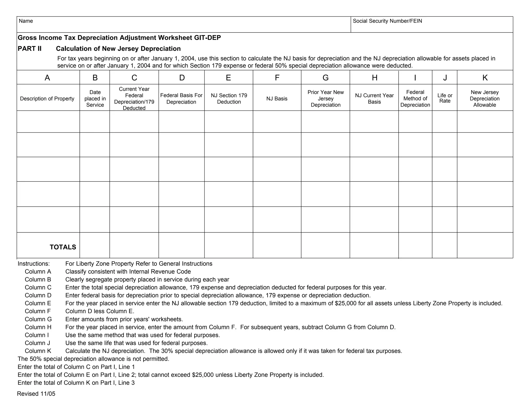 Gross Income Tax Depreciation Adjustment Worksheet (Updated: 11/29/05 ...