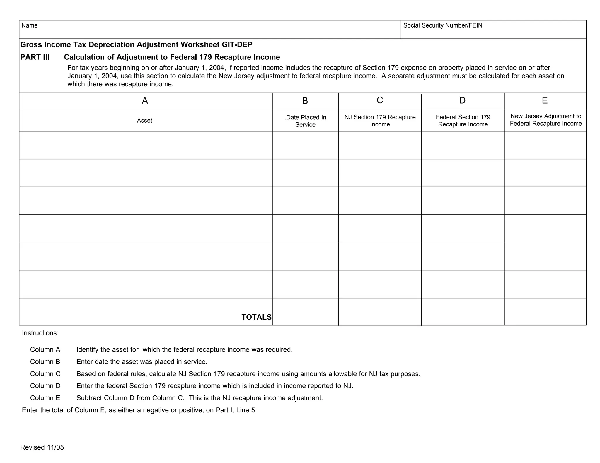 Gross Income Tax Depreciation Adjustment Worksheet (Updated: 11/29/05 ...