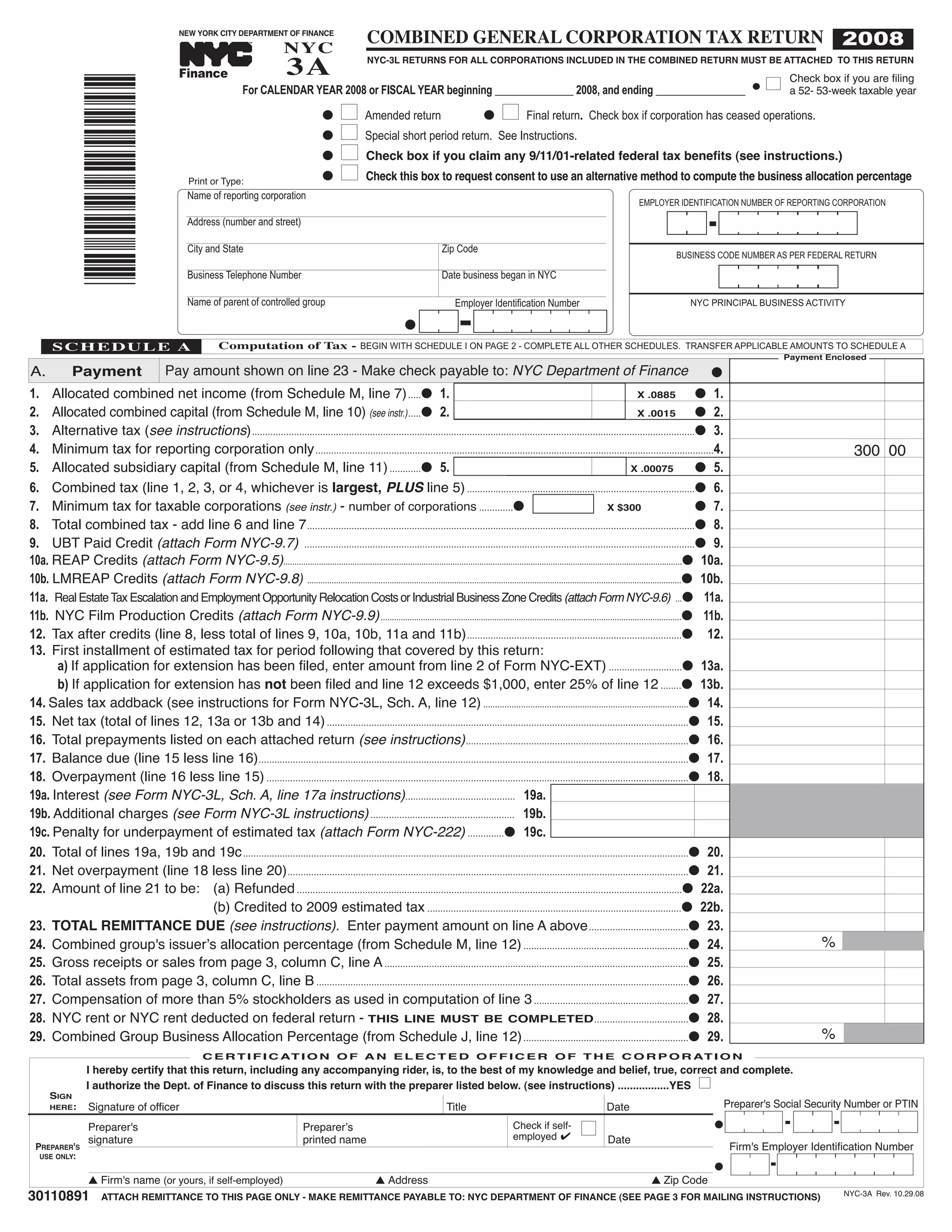 NYC-3A Combined General Corporation Tax Return | PDF | Business Accounting & Finance | Business