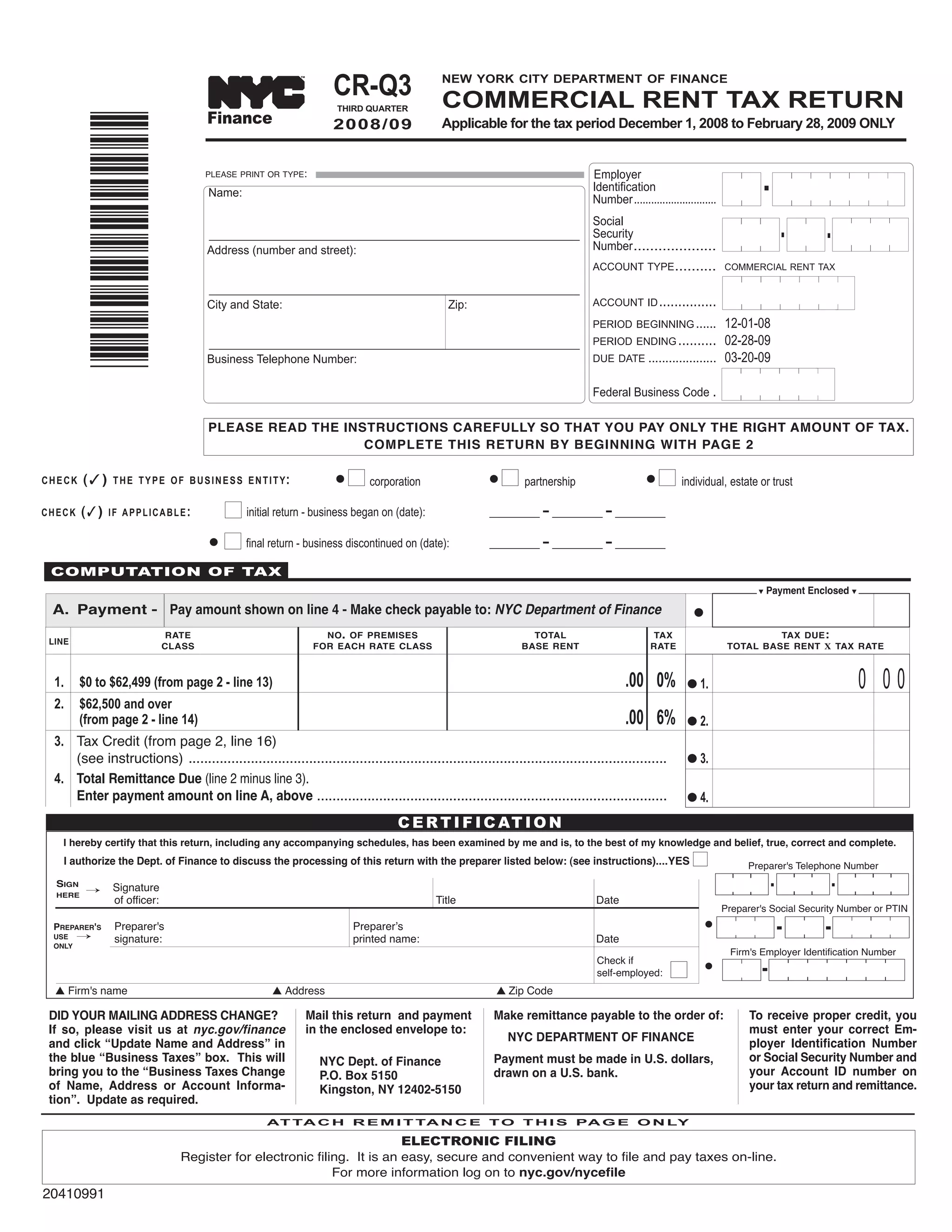 CR-Q 2008-09 Commercial Rent Tax 3rd Quarter Return | PDF
