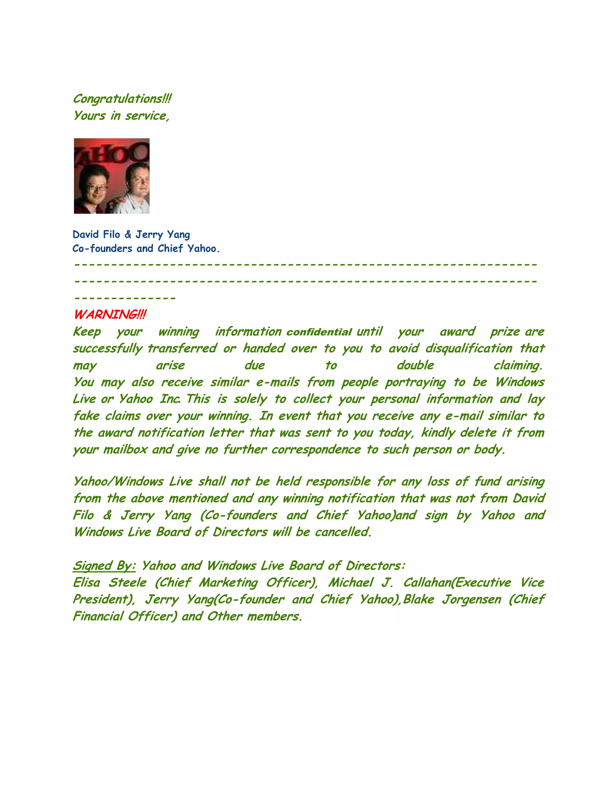 Yahoo Msn Award Notification Letter | PDF