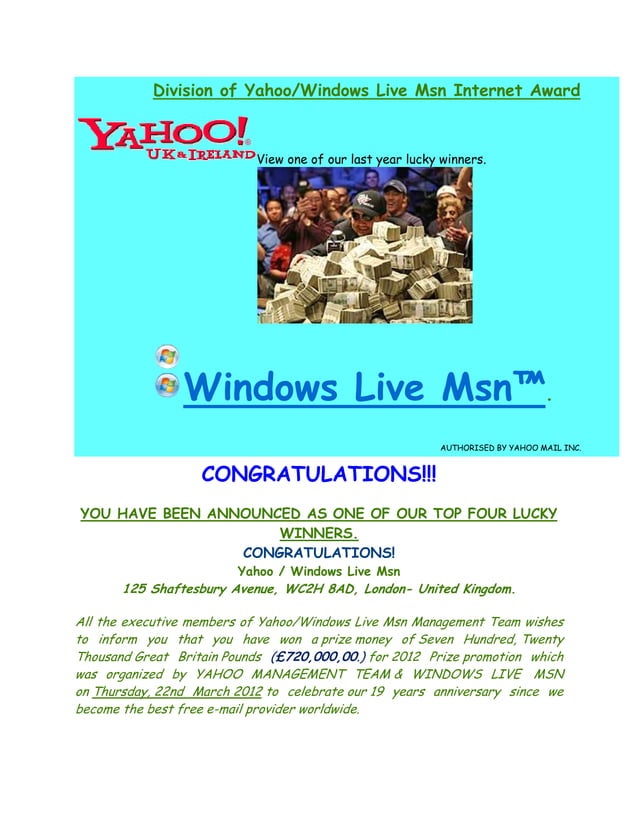 Yahoo Msn Award Notification Letter | PDF | Email | Internet