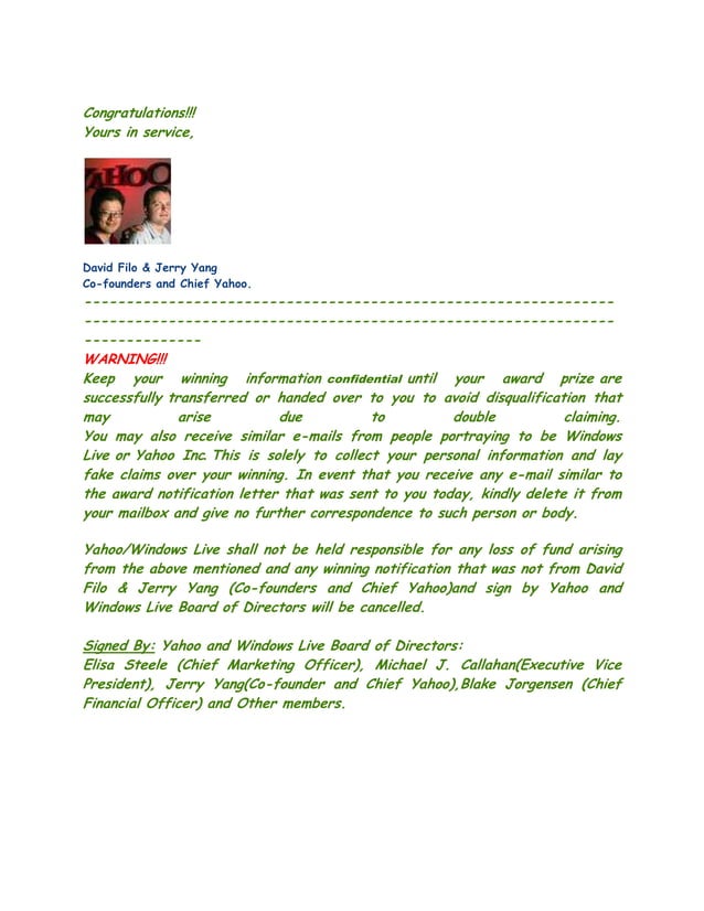Yahoo Msn Award Notification Letter | PDF | Email | Internet