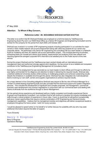 Experience_n_Recommendation Letter_TeleResources | PDF