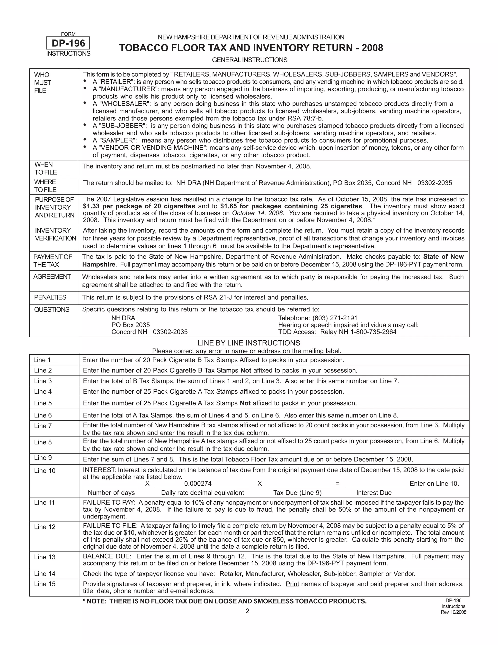 Tobacco Floor Tax Inventory and Return Forms and Instructions | PDF