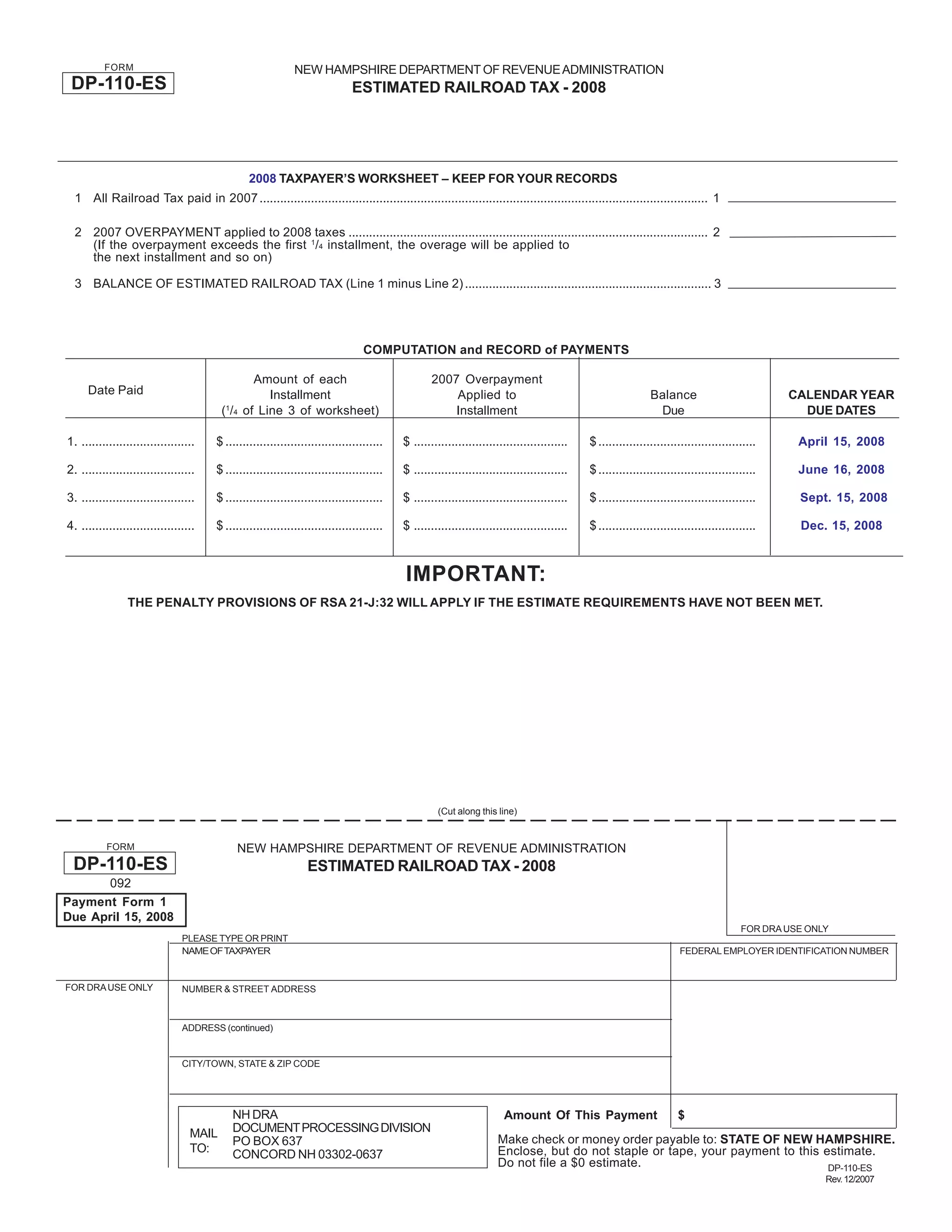 Railroad Tax Return Booklet, Includes DP-255-ES Quarterly Payment Forms ...