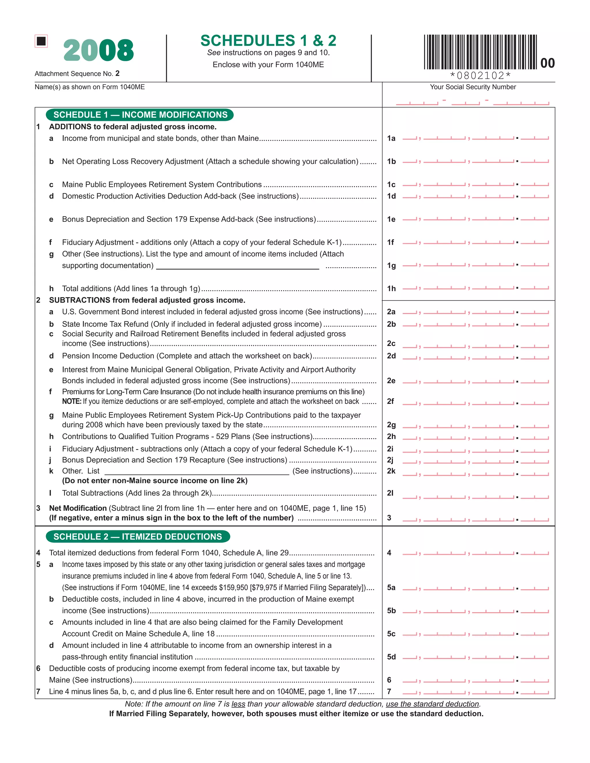 Schedule 1,2 income modifications & itemized deductions/pension income ...