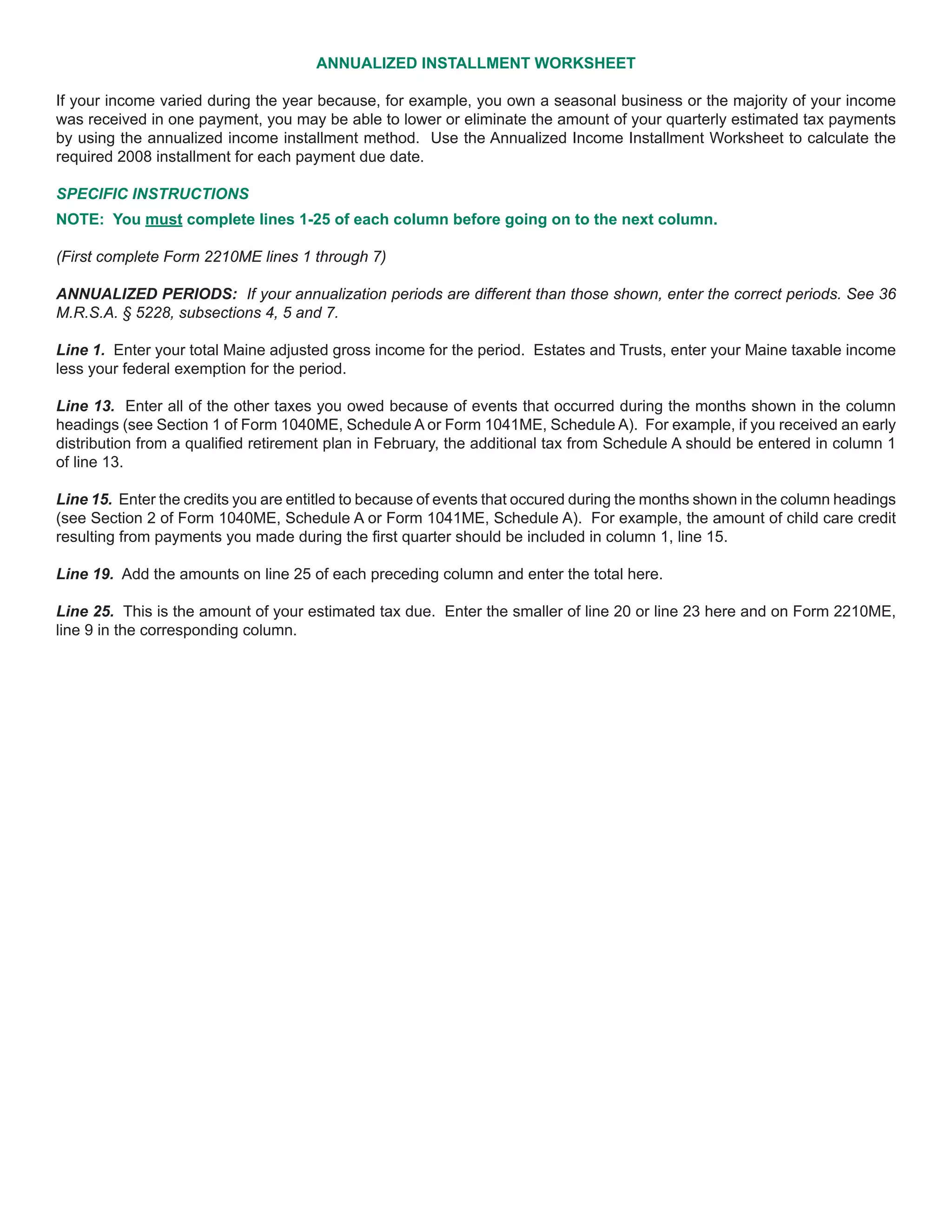 Annualized Income Installment Worksheet for Form 2210ME | PDF