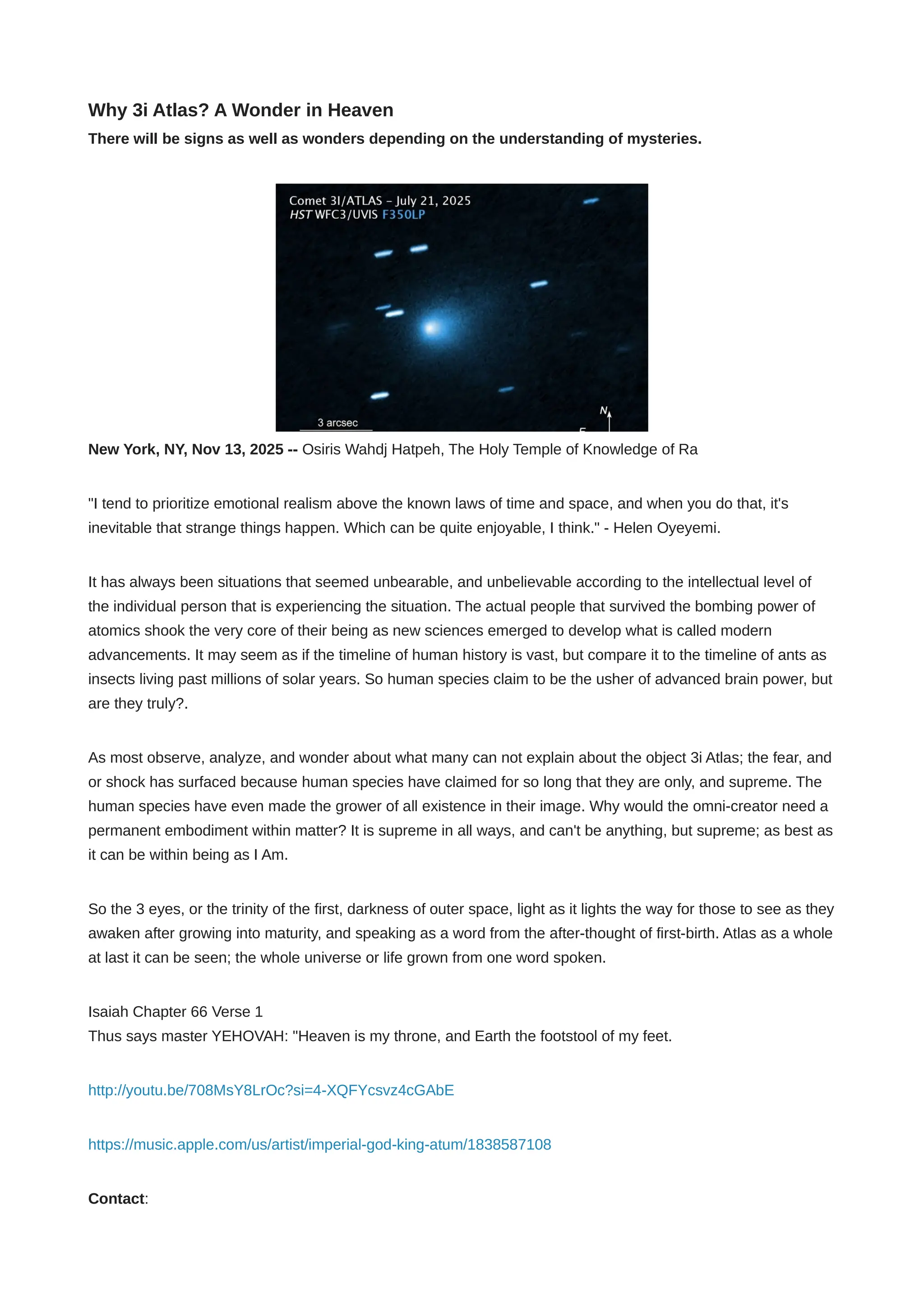 Why 3i Atlas? A Wonder in Heaven - Kemetian Church of Krsts | PDF