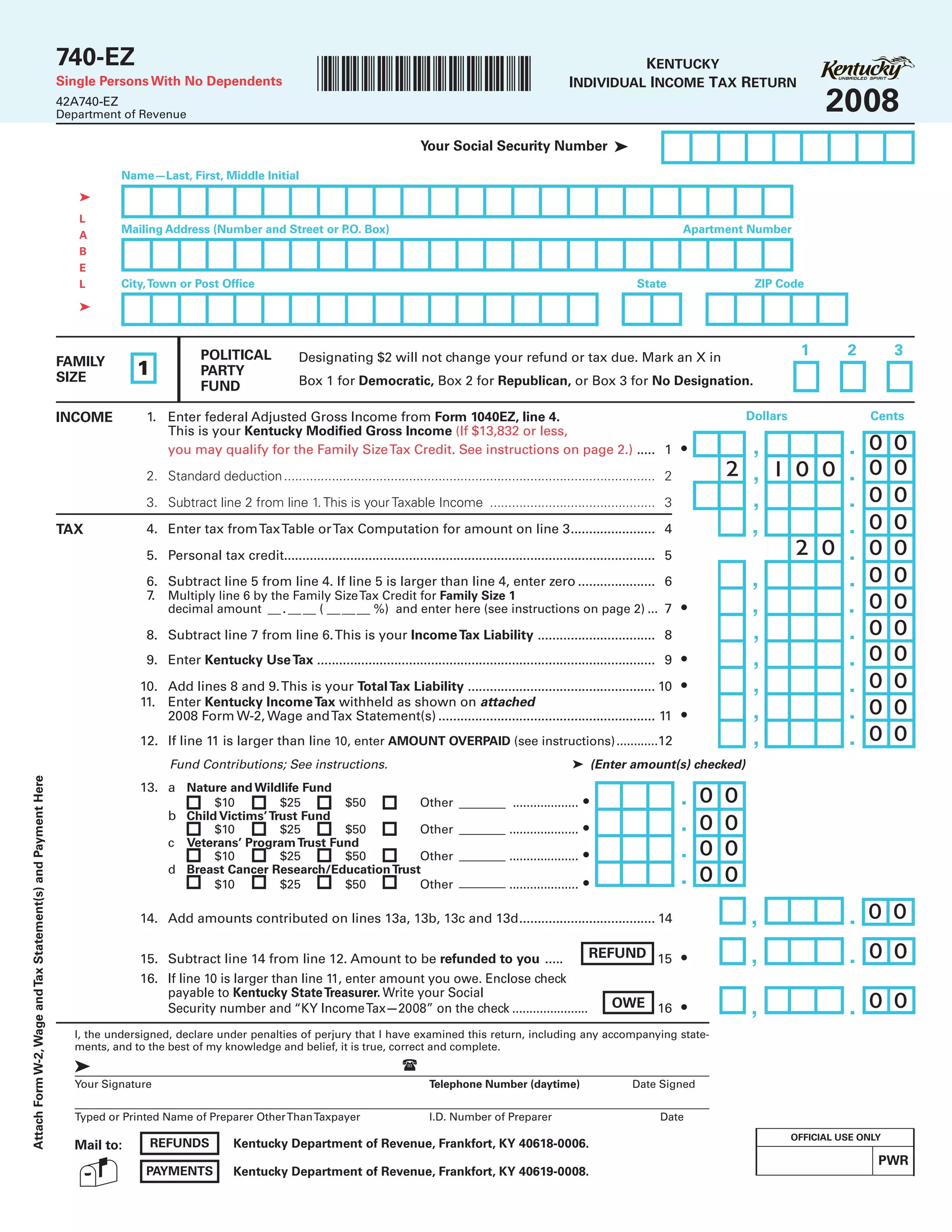 740-EZ - 2008 Kentucky Individual Income Tax Return - Form 42A740-EZ | PDF