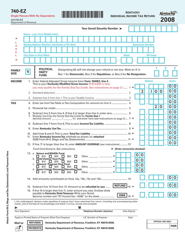 740-EZ - 2008 Kentucky Individual Income Tax Return - Form 42A740-EZ ...
