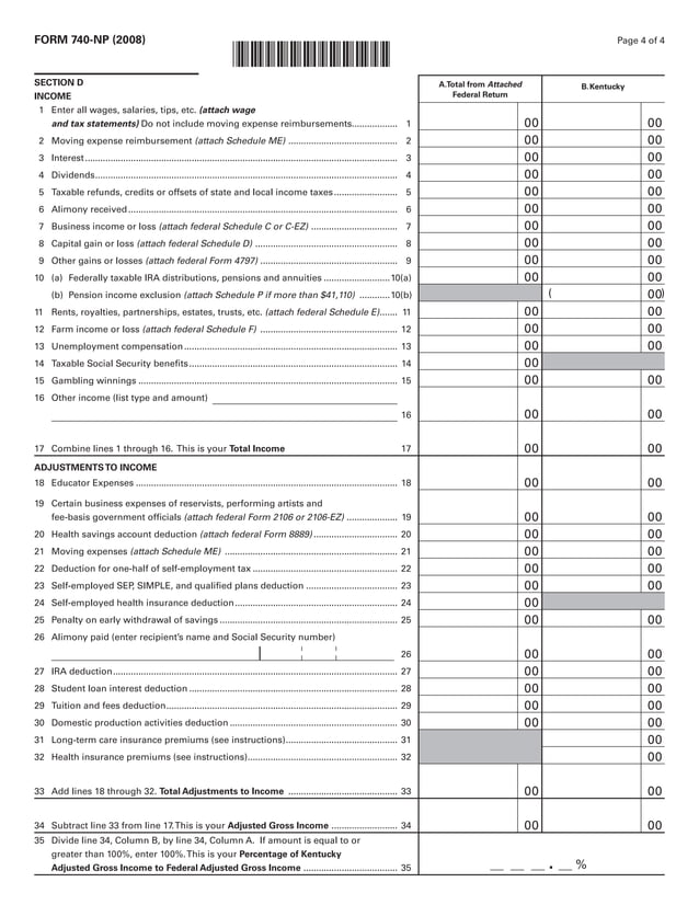 740-NP - 2008 Kentucky Individual Income Tax Return Nonresident or Part ...