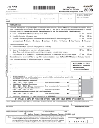 740-NP-R - Kentucky Income Tax Return Nonresident-Reciprocal State ...