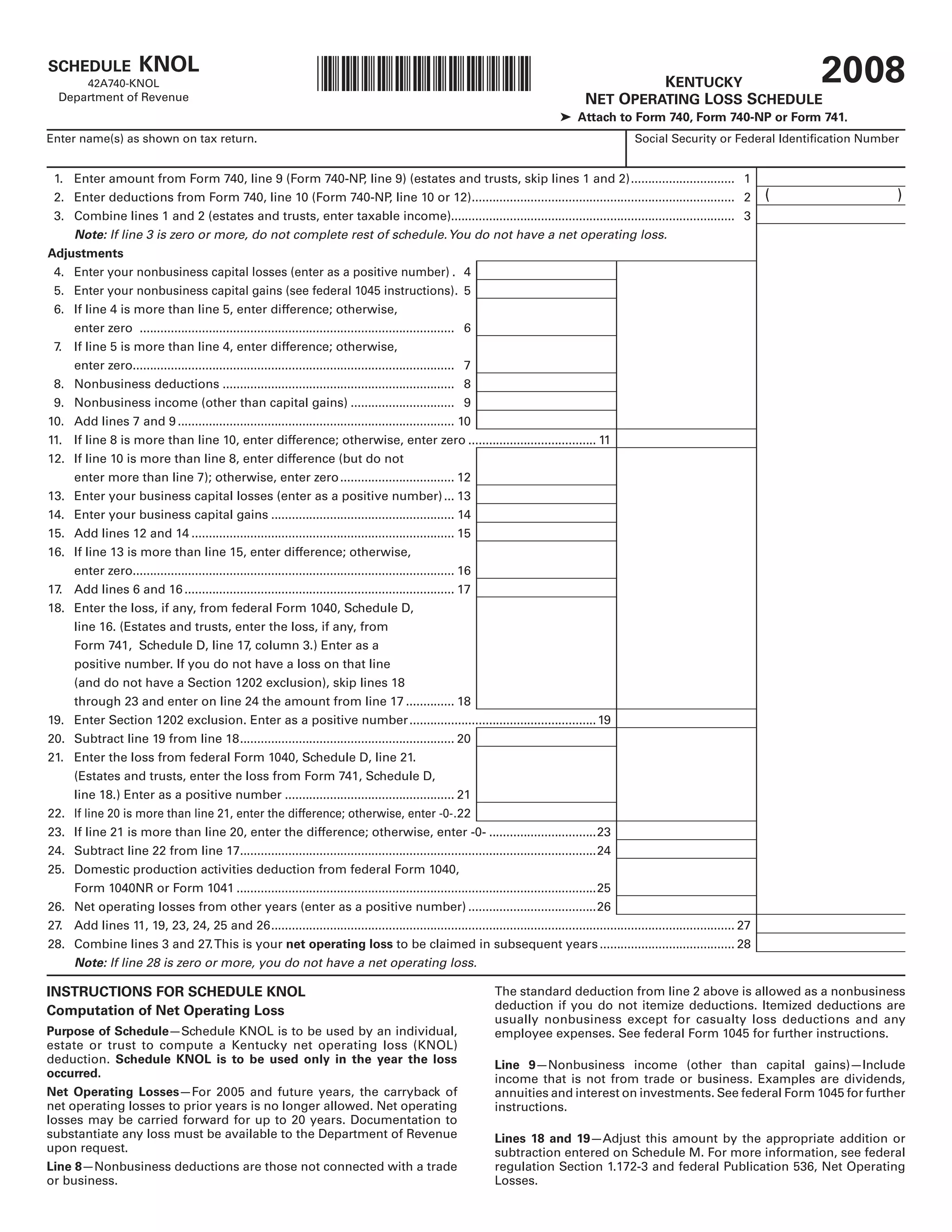 Schedule KNOL (740) - Kentucky Net Operating Loss Schedule - Form ...