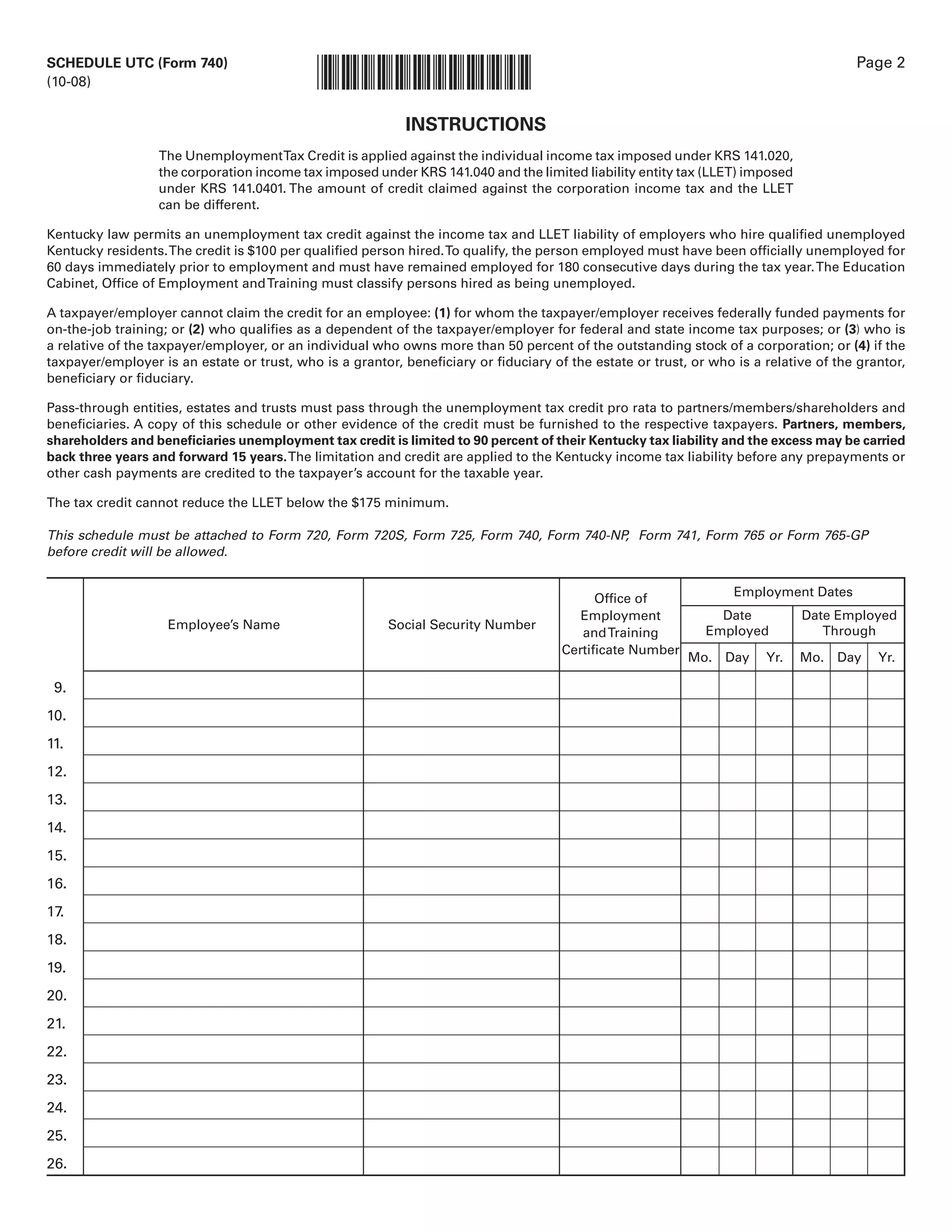 Schedule UTC - Unemployment Tax Credit -Form 42A740-UTC | PDF