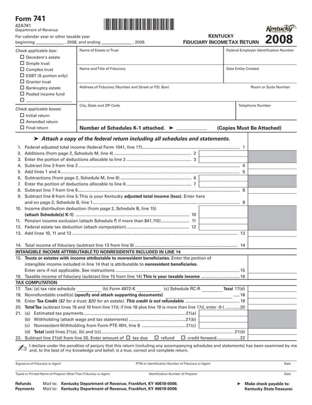 741 - Kentucky Fiduciary Income Tax Return - Form 42A741 | PDF