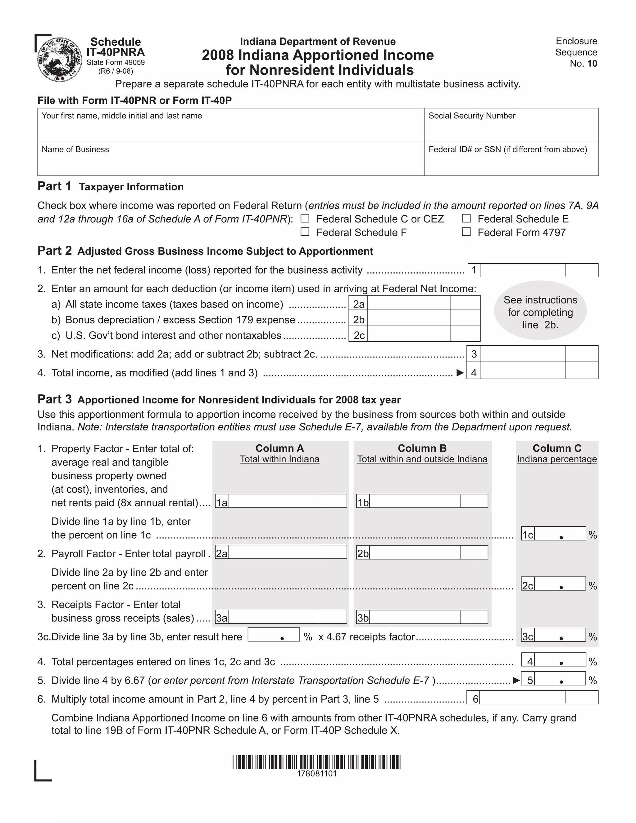 Indiana Apportionment Schedule for Nonresident Individuals | PDF
