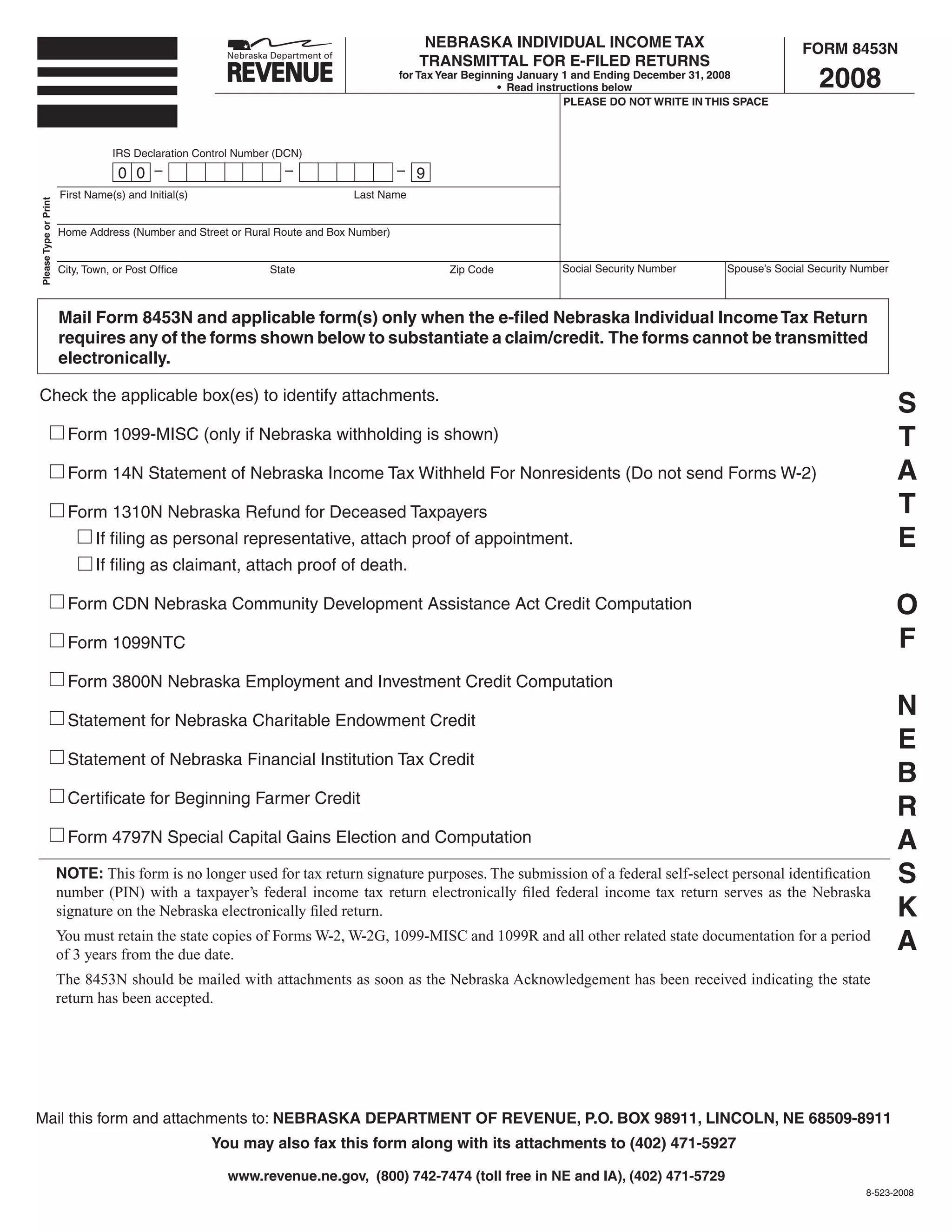 revenue.ne.gov tax current f_8453n | PDF