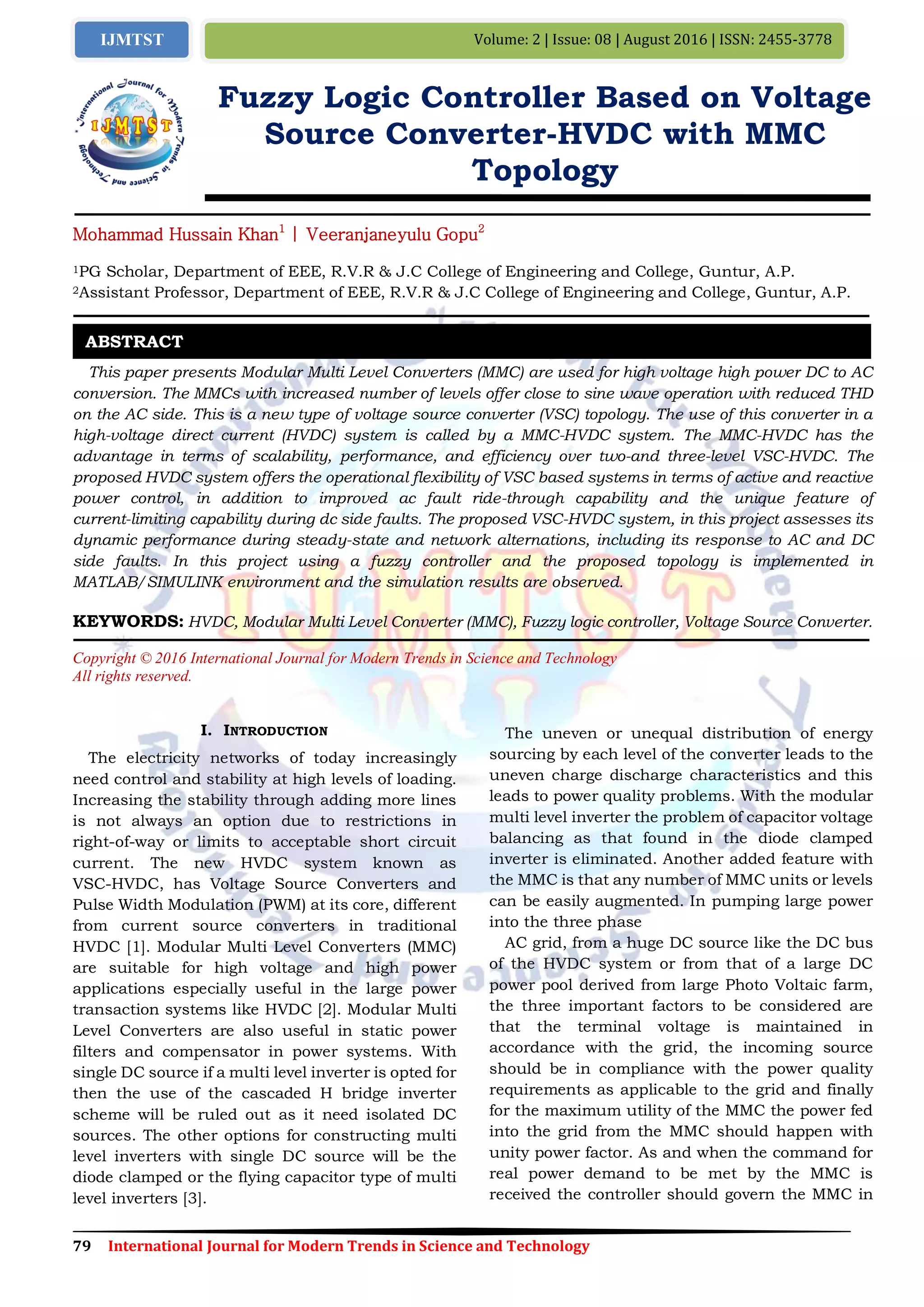 Fuzzy Logic Controller Based on Voltage Source Converter-HVDC with MMC Topology | PDF