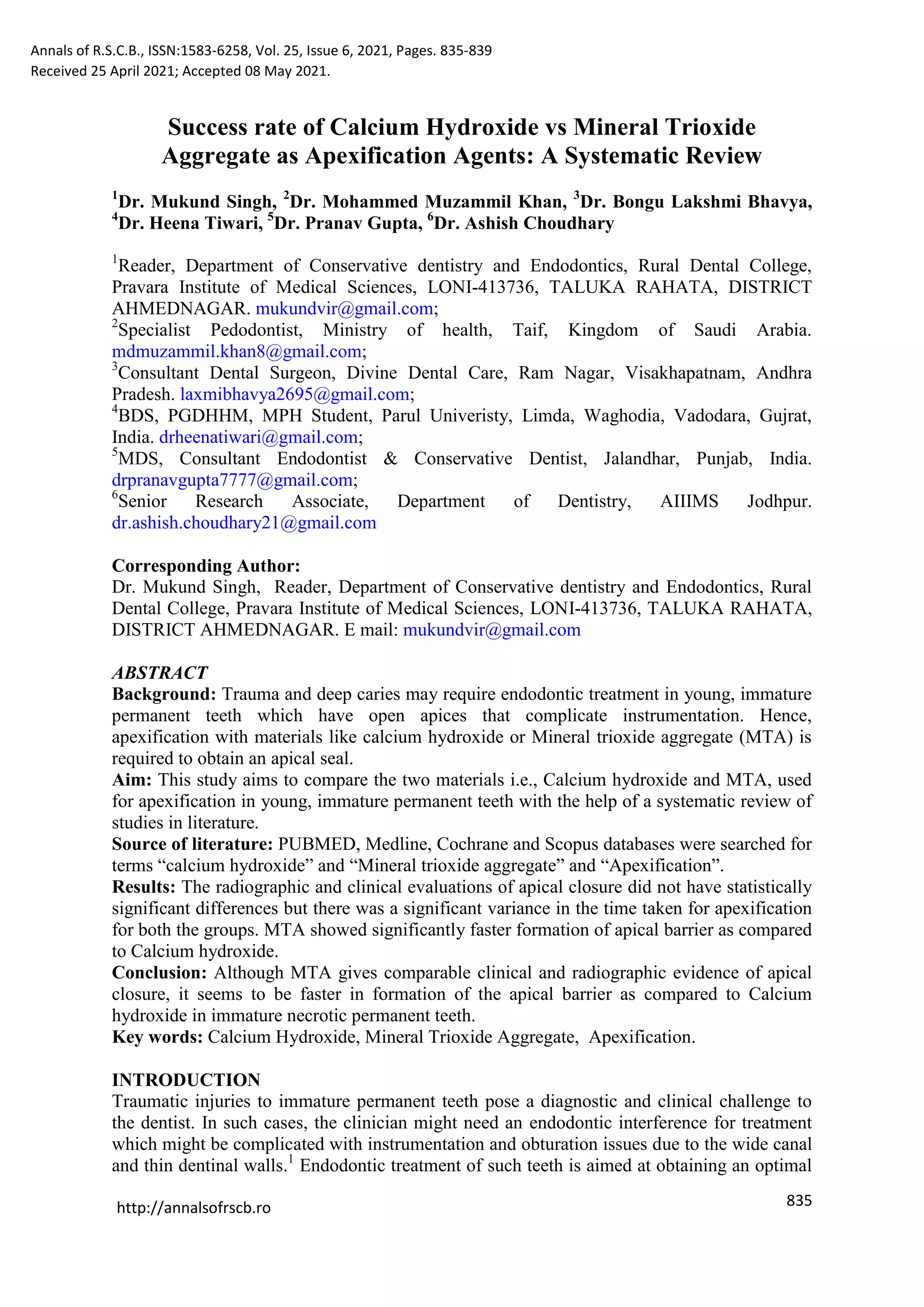 Success rate of Calcium Hydroxide vs Mineral Trioxide Aggregate as ...