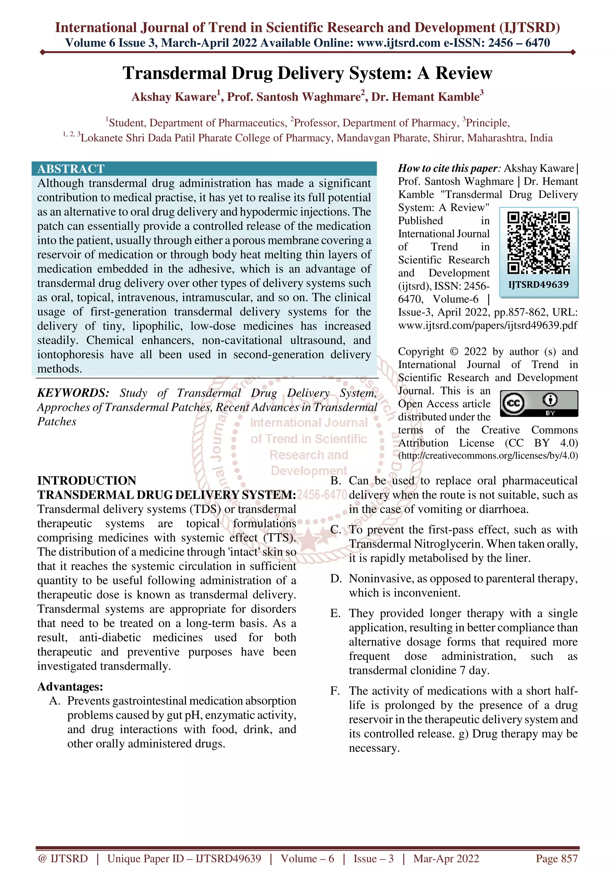 Transdermal Drug Delivery System A Review | PDF