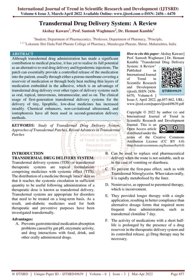 Transdermal Drug Delivery System A Review | PDF